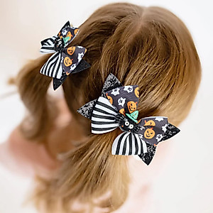 3.9"Hair Bows Clips Halloween Bow Glitter Accessories for Baby Girls Toddlers, Spider and Ghost Hair Clip Pumpkin Headdress.(FJ51) (Orange A)