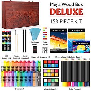 Art Supplies, Caliart 153-Pack Deluxe Wooden Art Set Crafts Drawing Painting Coloring Supplies Kit with 2 A4 Sketch Pads, 1 Coloring Book, Creative Gift Box for Adults Artist Beginners Kids Girls Boys