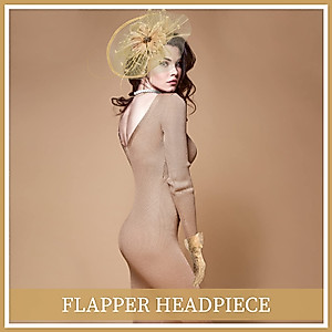 3 Pieces Fascinators Hats for Women Tea Party Hat Feathers Veil Mesh Hat Lace Gloves Pearl Choker Necklace Set for Wedding (Gold)