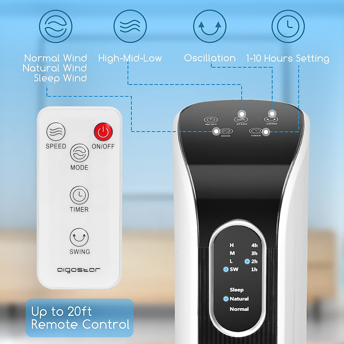 Aigostar Tower Fan, 42inch Oscillating Cooling Fan with Remote, Quiet Bladeless Floor Fan, 3 Speeds, 3 Modes, 10H Timer, LED Display with Touch Control, White Standing Fan for Bedroom Home Office