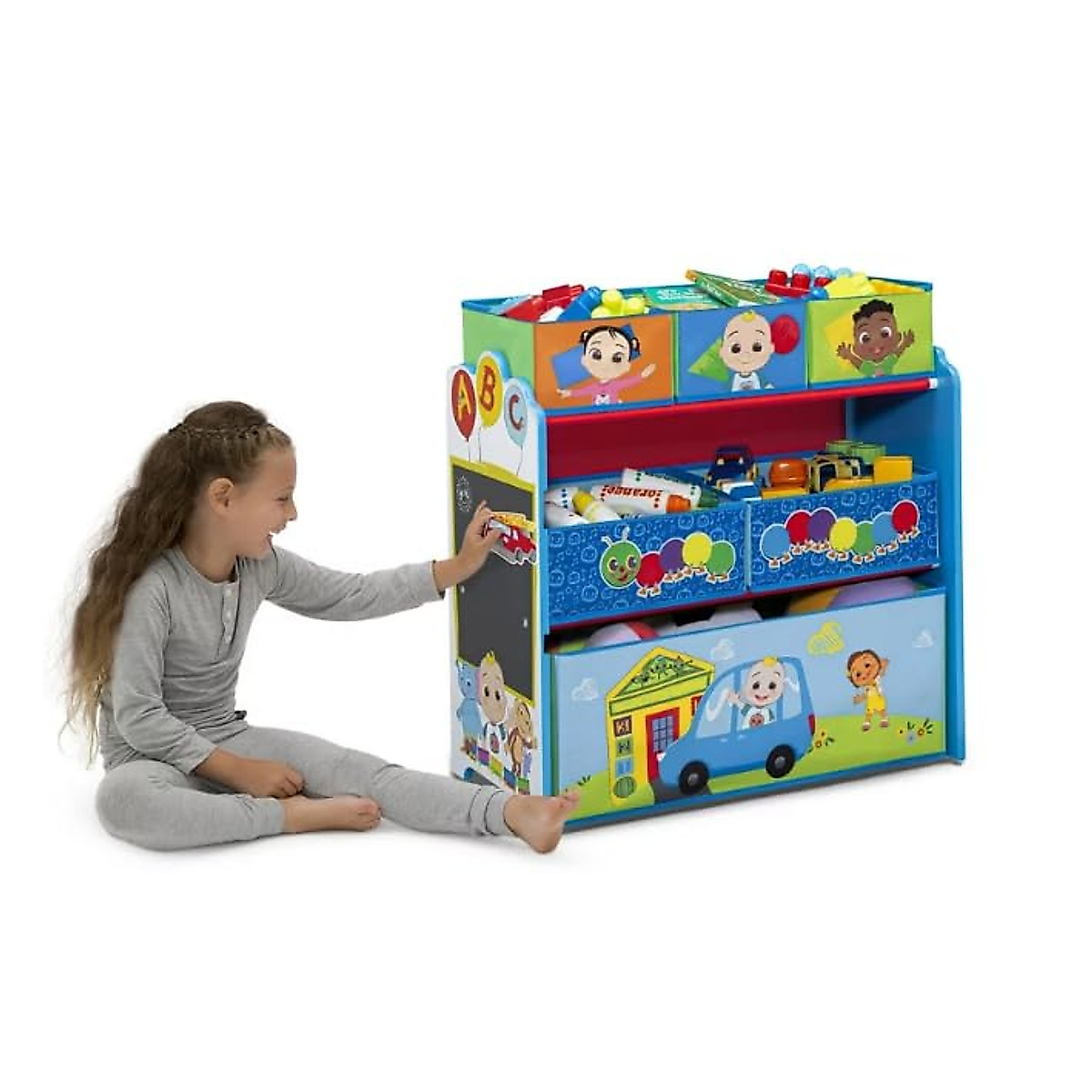 PZCXBFH CoComelon 4-Piece Toddler Playroom Set by – Includes Play Table with Dry Erase Tabletop and 6 Bin Toy Organizer with Reusable Vinyl Cling Stickers, Blue/Multi