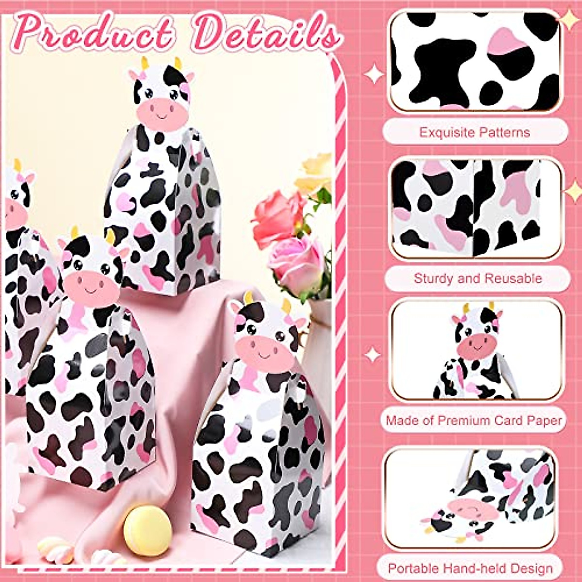 Karenhi 50 PCS Cow Party Favors Treat Boxes Cow Candy Goodies Gift Boxes Cow Print Birthday Box Paper Party Box Gift Wrap Boxes for Baby Shower Birthday Party Decorations Supplies, 9 x 4 x 4 Inches