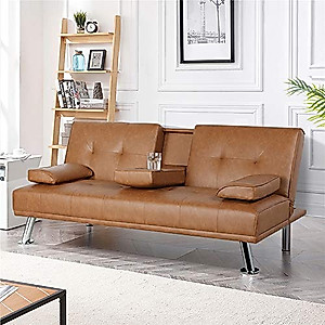 Cyanhope Futon Sofa Bed Convertible Love Seat Faux Leather Sleeper with Folding Down Cup-Holders and Removable Arms, Brown