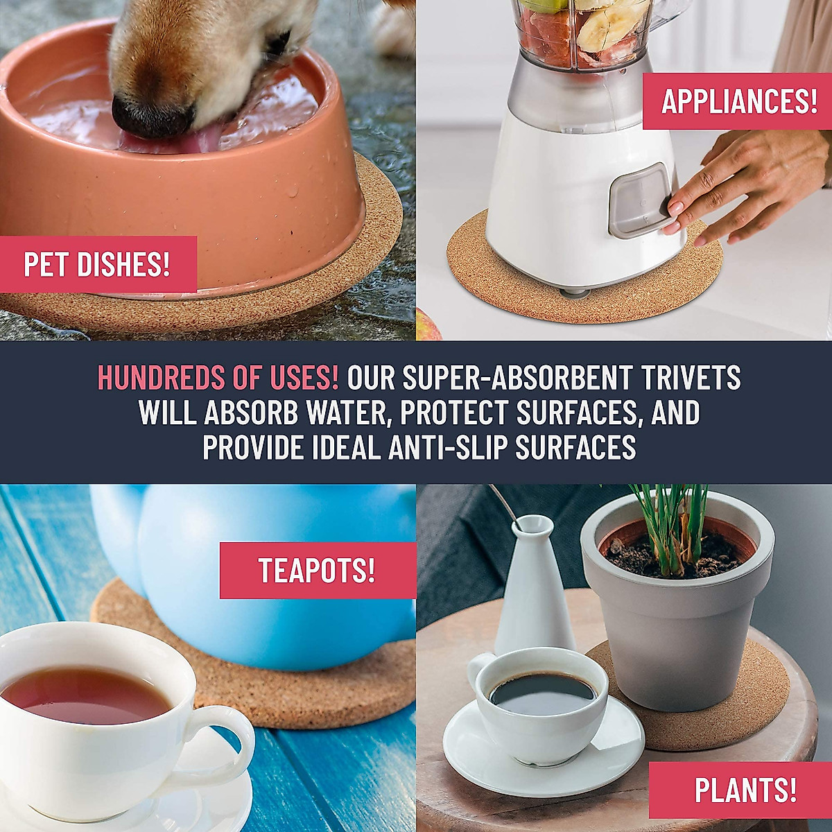 ReBL Large Cork Trivets for Hot Dishes (8 Inch) Thick Cork Coaster - Cork Trivet Hot Pads - Cork Plant Mats - Trivets for Hot Pots and Pans - Kitchen Counter - Pot Coasters - Hot Pan Coaster (4-Pack)