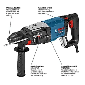 BOSCH GBH2-28L 1-1/8" SDS-plus Bulldog Xtreme Max Rotary Hammer and 6 Piece SDS-plus Masonry Trade Bit Set, Chisels and Carbide, HCST006