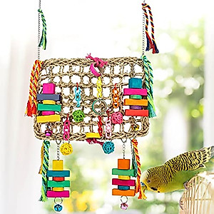Bird Swing Toys, Bird Foraging Wall Toy, Seagrass Woven Hammock Swing Mat with Colorful Ropes Wooden Chew Toys for Lovebirds, Parakeets, Conures, Cockatiels