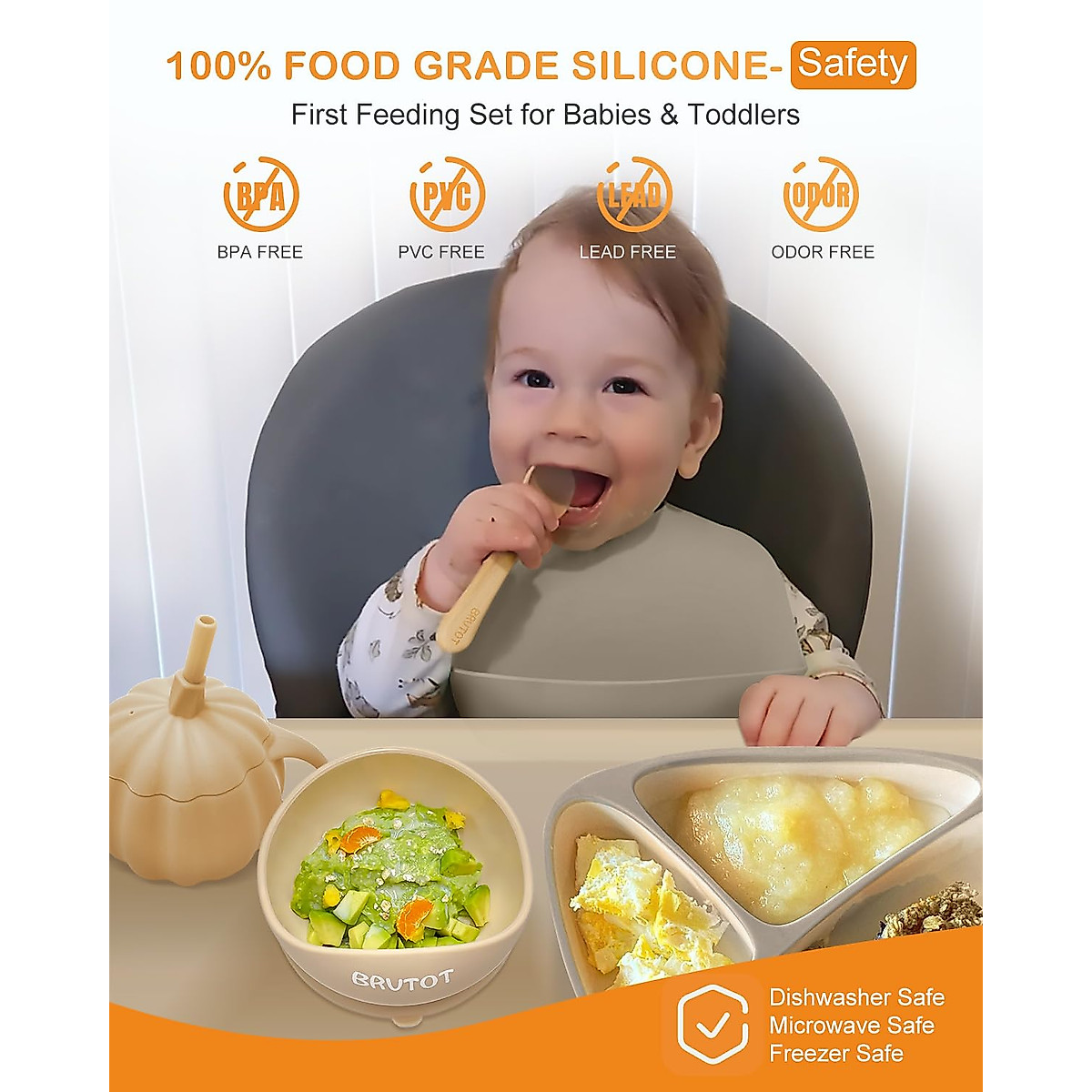 BRVTOT Baby Silicone Suction Plates and Bowls Set with Sippy Straw Snack Cup, Bib, Spoon Fork, 9 PCS Toddler Led Weaning Supplies, Feeding Dishes Set for Toddler Baby Gifts