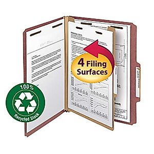 Smead 100% Recycled Pressboard Classification File Folder, 1 Divider, 2" Expansion, Letter Size, Red, 10 per Box (13724)
