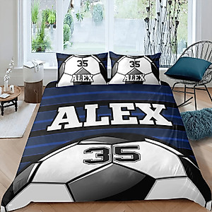 XIUCOO Personalized Soccer Ball Blue Duvet Cover Sets with Name Bedding Set 3 Pcs Quilt Cover with Zipper for Adult Birthday Gift,Queen Size