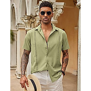 COOFANDY Men's Casual Dress Shirt Solid Short Sleeve Button Up Summer Shirts Cuban Shirt## Light Green