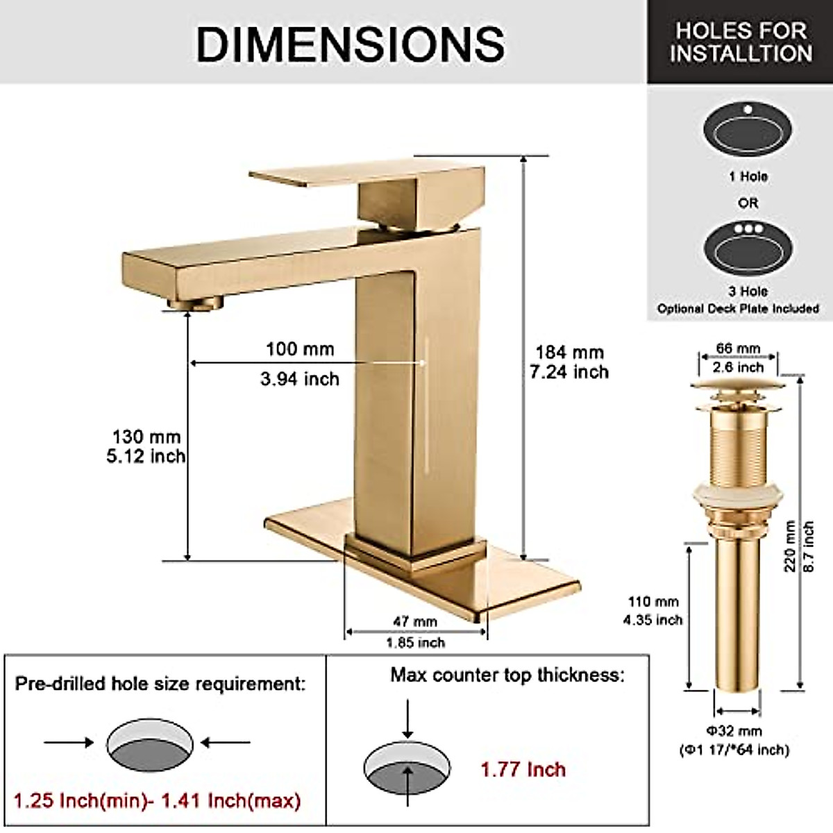 AVSIILE Brushed Gold Bathroom Faucet, Golden Single Hole Vanity Bath Faucet, Single Handle Modern Stainless Steel Bathroom Faucets for Sink 1 Hole with Pop Up Drain Stopper & Water Supply Hoses