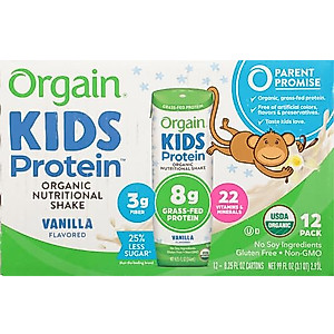 Orgain Organic Kids Nutritional Protein Shake, Vanilla - Kids Snacks with 8g Dairy Protein, 22 Vitamins & Minerals, Fruits & Vegetables, Gluten Free, Soy Free, Non GMO, 8.25 Fl Oz (Pack of 12)