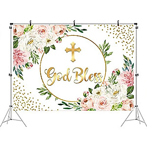 Ticuenicoa 5x3ft Baptism Backdrop for Girl First Communion Background Pink and Gold God Bless Back Drop Christening Photography Decorations Baby Shower Party Banner 1st Birthday Photo Favors