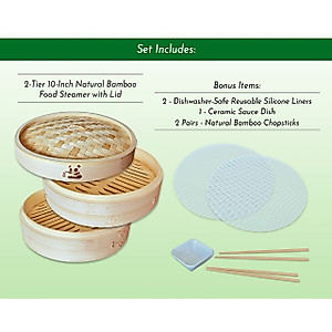 Bold Living 10 Inch Bamboo Steamer Basket, 2 Tier Natural Sustainable Food Cooker for Dumplings, Vegetables, Tamales, Seafood, Bao Buns with 2 Reusable Nonstick Liners, 2 Pair Chopsticks, 1 Sauce Dish