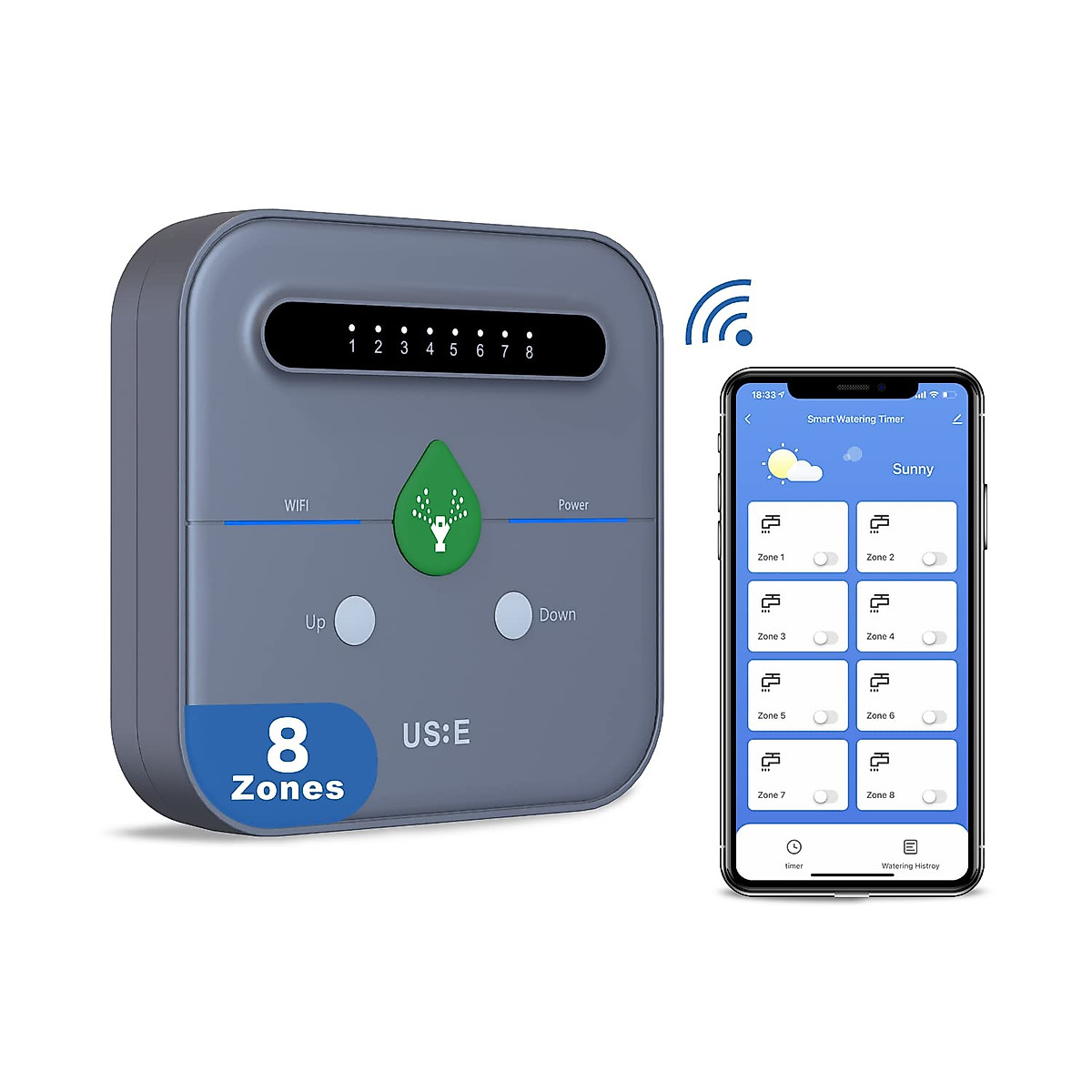 US:E Smart Sprinkler Controller, 8 Zone Watering Timer & Weather Intelligent Irrigation System, Compatible with Alexa and Google Assistant, App Remote & Voice Control, Rain Freeze and Snow Skip
