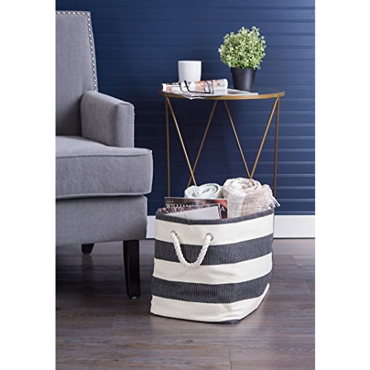 DII Durable Woven Striped Storage Bin Collapsible with Soft Rope Handles Reinforced with Metal Grommets, Medium, 15x10x12, Black