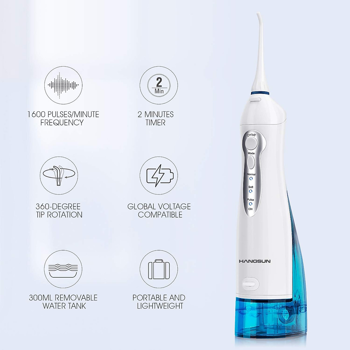 Hangsun Water Flosser Professional Cordless Rechargeable Dental Oral Irrigator Water Jet for Teeth Braces Care with 8 Jet Tips for Travel and Home Use