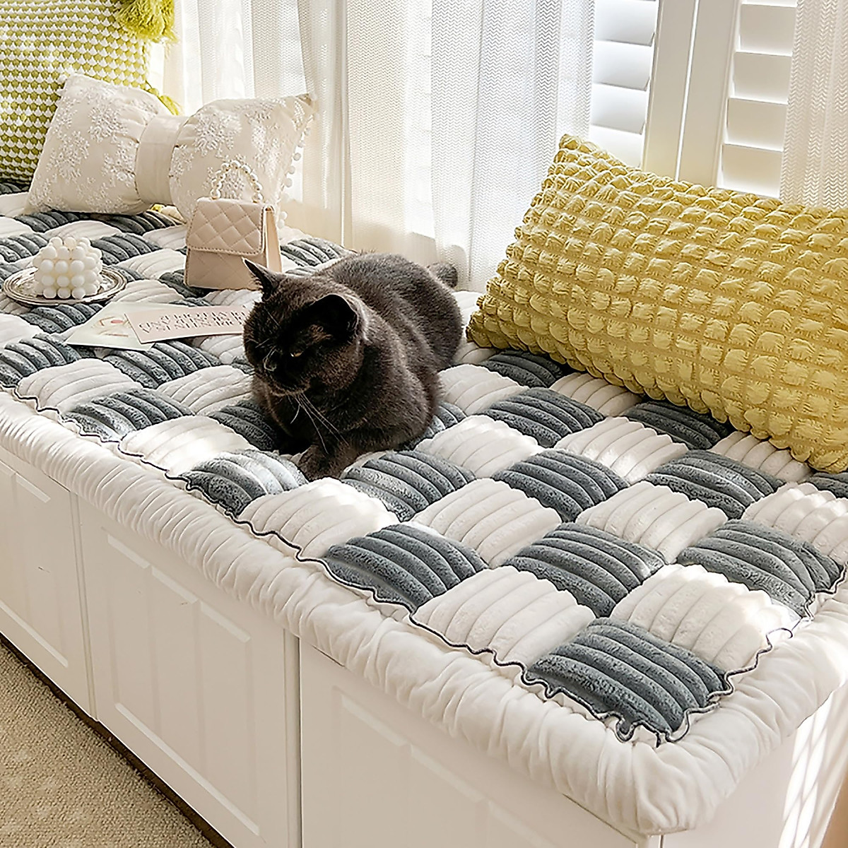 Funnyfuzzy Cream-Coloured Large Plaid Square Pet Mat Bed Couch Cover, Funny Fuzzy Couch Cover, Dog Blankets For Large Dogs, Waterproof Blanket Dog Bed Cover Pet Blanket, For Most Cats Dogs,Pets ( Colo