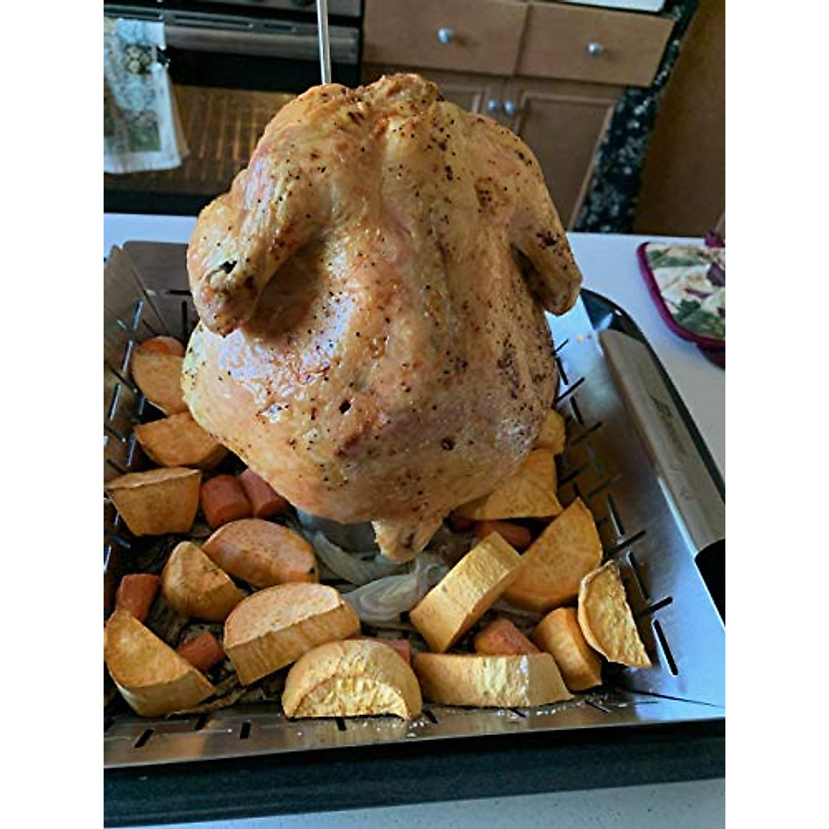 Beer Can Chicken Holder Combo with Free Meat Thermometer- Vegetable Grill Basket-BBQ Grilling Gifts for Men Accessories-Roaster Rack - Vertical Stand for Kabob-Fish-Turkey-Fits Outside Smoker