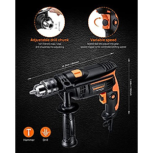 ENGiNDOT Hammer Drill, 1/2-Inch 6-AMP Corded Electric Hammer Drill with 2800RPM, Variable Speed, Drill Chuck, 10 Drill Bits for Home Improvement, Concrete, Steel, Wood (NOT for Reinforced Concrete)