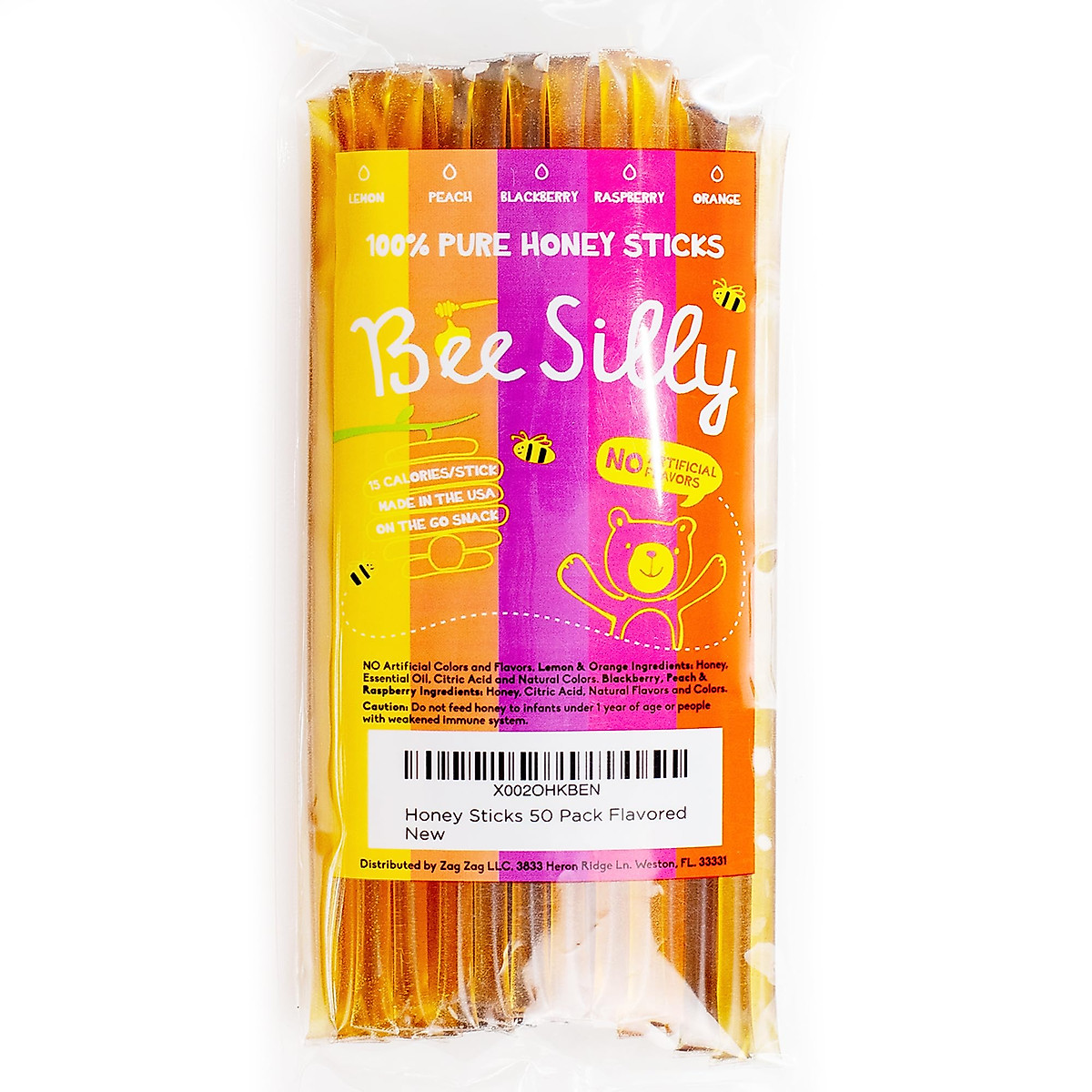 Honey Sticks Flavored (Pack of 50) - Raw Honey Straw Variety Pack for Tea, Coffee & Healthy Snack for Kids & Adults - Single Serve Pure American Honey Sticks by Bee Silly Honey