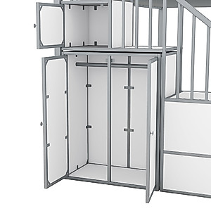 Favfurish Twin Over Twin Castle-Shaped Bunk Bed with Wardrobe,Open Storage cabinets,a Storage Staircase and guardrails,Metal Stairway BunkBed for Kids Boys/Girls/Teens,Gray+White