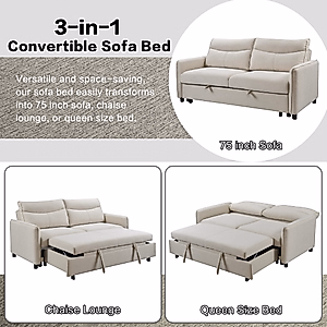 THSUPER 75-Inch Queen Size Convertible Sleeper Sofa Bed, Comfortable Pull-Out Futon Loveseat, Full Love Seat for RV Small Spaces, Hide-A-Bed Fold Out Couch - Beige