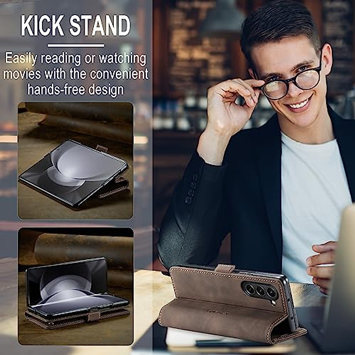 Peenpunk Galaxy Z Fold 5 Case, Leather Galaxy ZFold5 Wallet Case with Card Holder Flip Kickstand Magnetic Case Compatible with Samsung Z Fold 5 5G (Coffee)