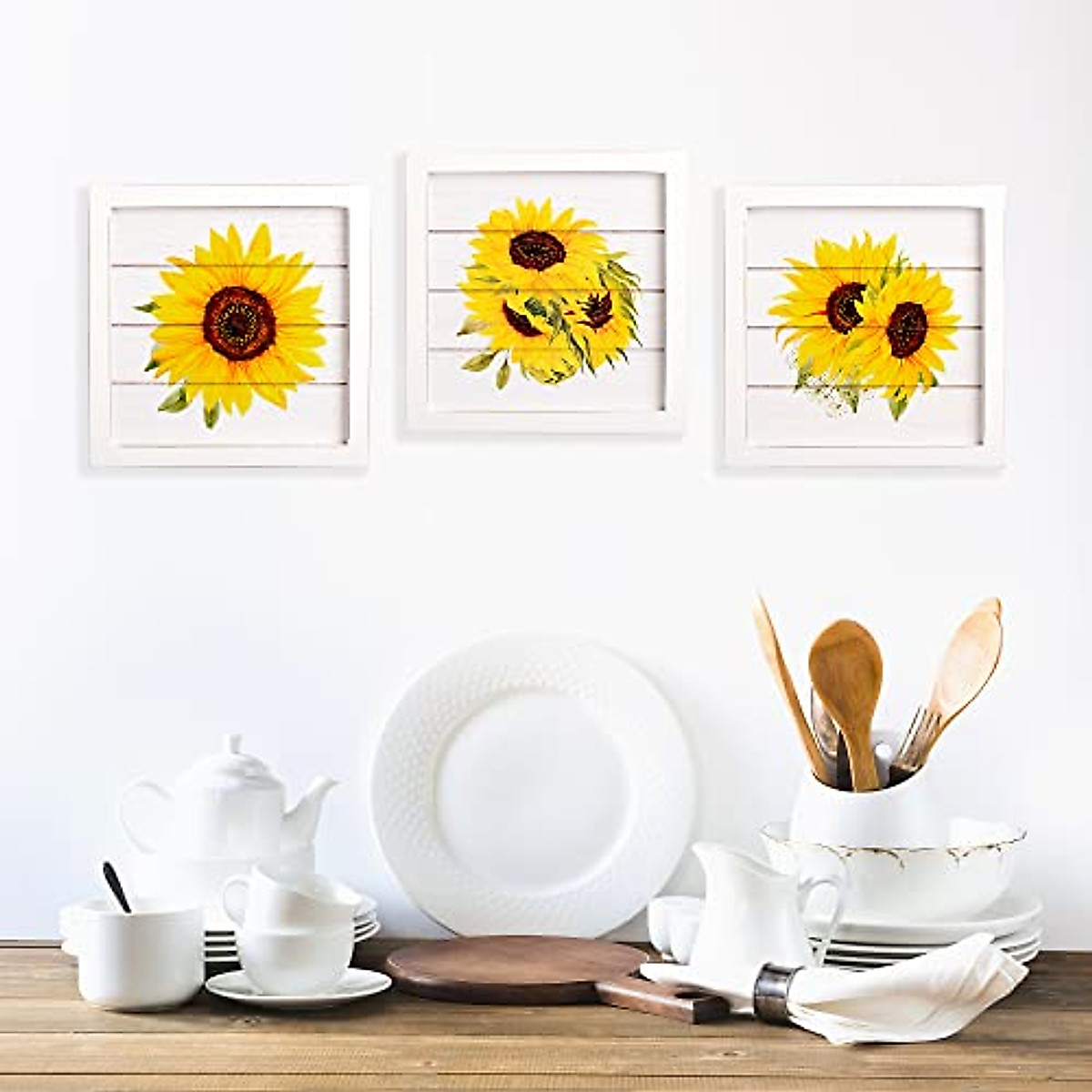 Sunflower Wall Decor Set of 3 - Rustic 8x8 Inch Printed Panels for Home, Bathroom, Kitchen, or Office - Sunflower Gifts for Women Wood Flower Pictures Design Theme Clearance Decorations Sun Flowers to Brighten Up Any Space