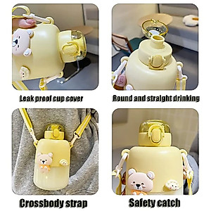 JZSMY 700ml Kawaii Straw Water Bottle, Cute Water Bottles with 3D Stickers, Milk Juice Cute Water Bottle Plastic Water Bottles with Portable Rope For Outdoor Travel (Pink)