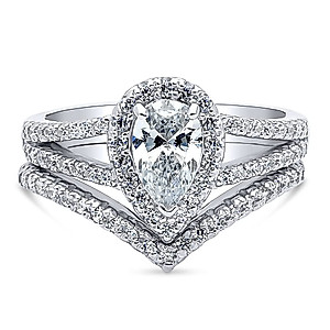 BERRICLE Sterling Silver Halo Wedding Engagement Rings Pear Cut Cubic Zirconia CZ Split Shank Ring Set for Women, Rhodium Plated Size 7.5