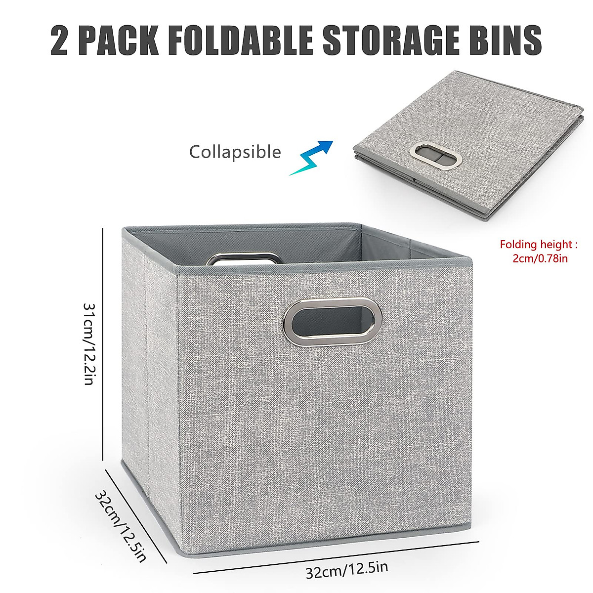 Muranana Fabric Cube Organizer Box, 2Packs 11inch Foldable Cube Storage Bins Basket, Closet Organizers Box, Home Organizers with Handle for Shelves, Closet, Office, Grey