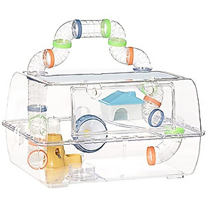 PawHut Hamster Cage, 2-Level Rat House Mouse Habitat with Accessories Tube Tunnels, Exercise Wheel, Water Bottle, Food Dish, Hut, 22" x 15" x 12.5", Transparent