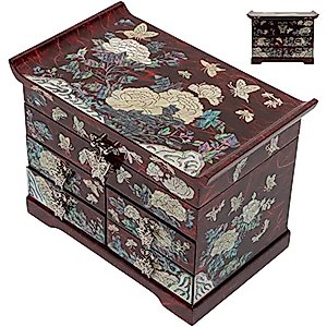 February Mountain Mother of Pearl Wooden Jewelry Organizer Box – Jewelry Storage Box for Women, Features Spacious Drawers, Ideal for Rings, Bracelets, Watches, Chains, Accessories (Peony_Red)