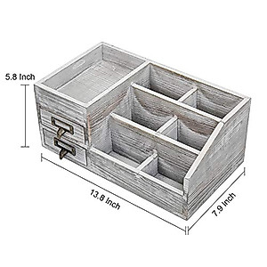 Distressed Rustic Wooden Office Desktop Organizer Wood Shelf Tabletop Home Organizer Storage with Multiple Compartments 2 Tier Drawers,perfect Jewelry storage Display Box for Desk, Vanity (gray)