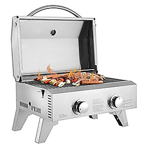 ZOKOP Portable Propane Gas Grill, 20000 BTU Tabletop Stainless Steel 2-Burner BBQ Grid with Foldable Legs for Picnic Camping Trip, Tailgating, Patio Garden Home Use, 22 x 18 x 15 Inch, Steel, Silver