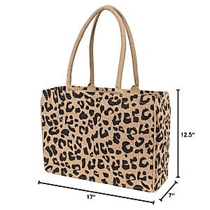 KAF Home Jute Market Tote Bag with Leopard Print, Durable Handle, Reinforced Bottom and Interior Zipper Pocket, Generous capacity, 12.5" tall x 17" wide x 7" deep