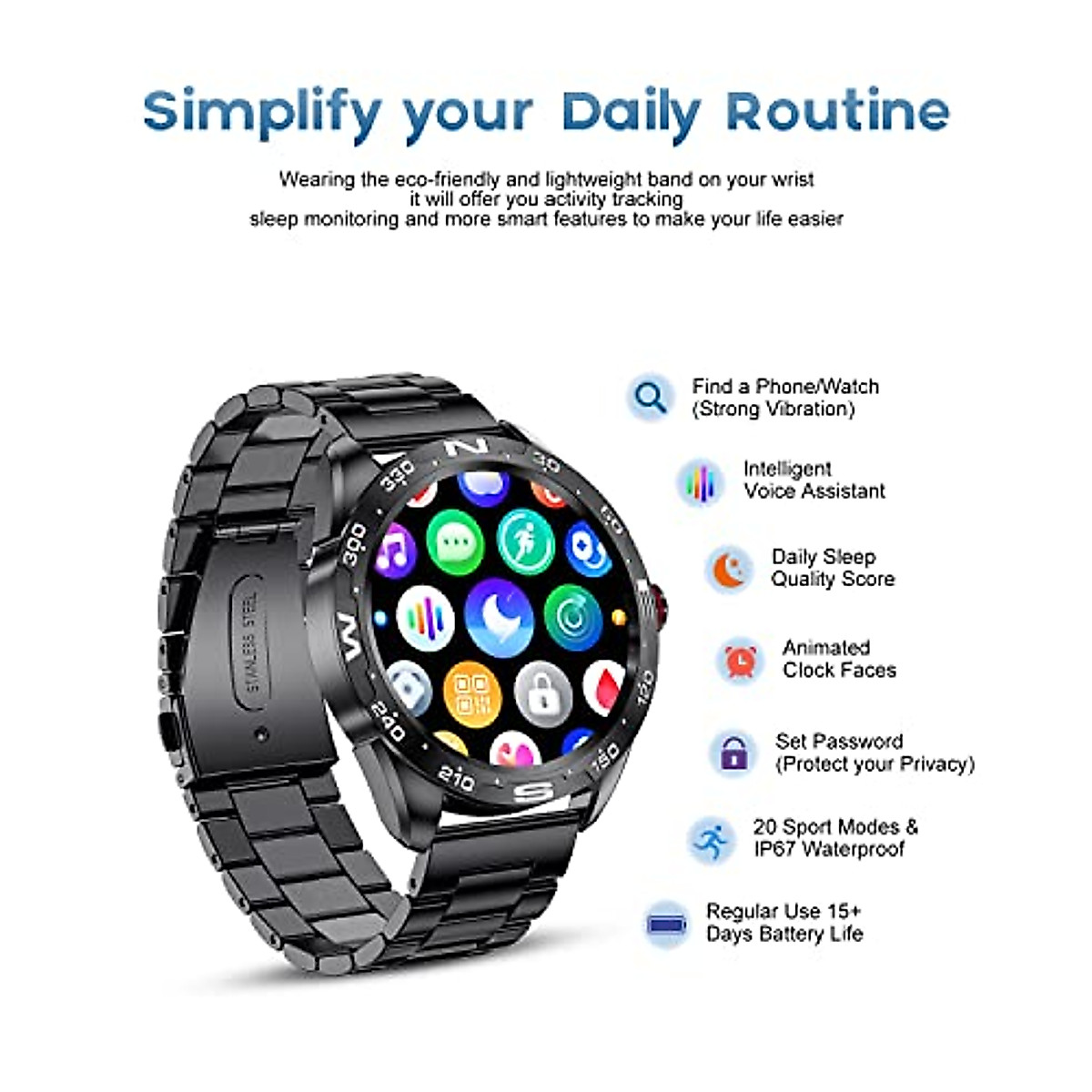 LIGE Smart Watches for Android iOS, Bluetooth Calls/Text Remind/Voice Speaker, Fitness Tracker with Heart Rate Sleep Monitor, 1.32'' HD Full Touch Screen, IP67 Waterproof Black Smartwatch for Men