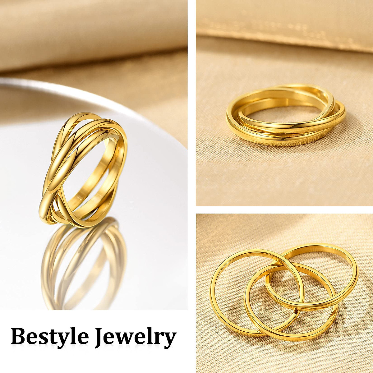 Bestyle Interlocking Rolling Gold Band Rings for Women, Trendy High Polished 18K Gold Plated Stainless Steel Dome Cross Rings, Yellow Gold Rolling Fidget Rings for Anxiety Release, Size 8