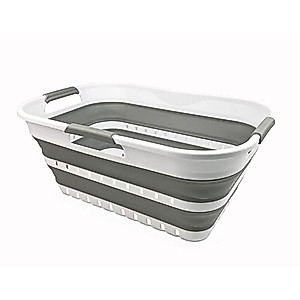 SAMMART 21L (5.5 gallon) Super Mini Collapsible 3 Handled Plastic Basket - Foldable Pop Up Storage Container/Organizer - Space Saving Hamper/Basket (White/Grey)