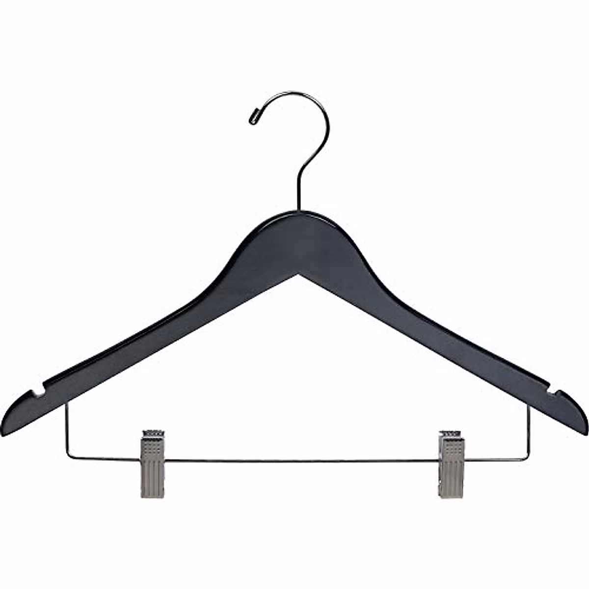 Black Rubberized Wooden Combo Hangers with Adjustable Cushion Clips, Flat Rubber Coated Hangers with Chrome Swivel Hook & Notches (Set of 50) by The Great American Hanger Company