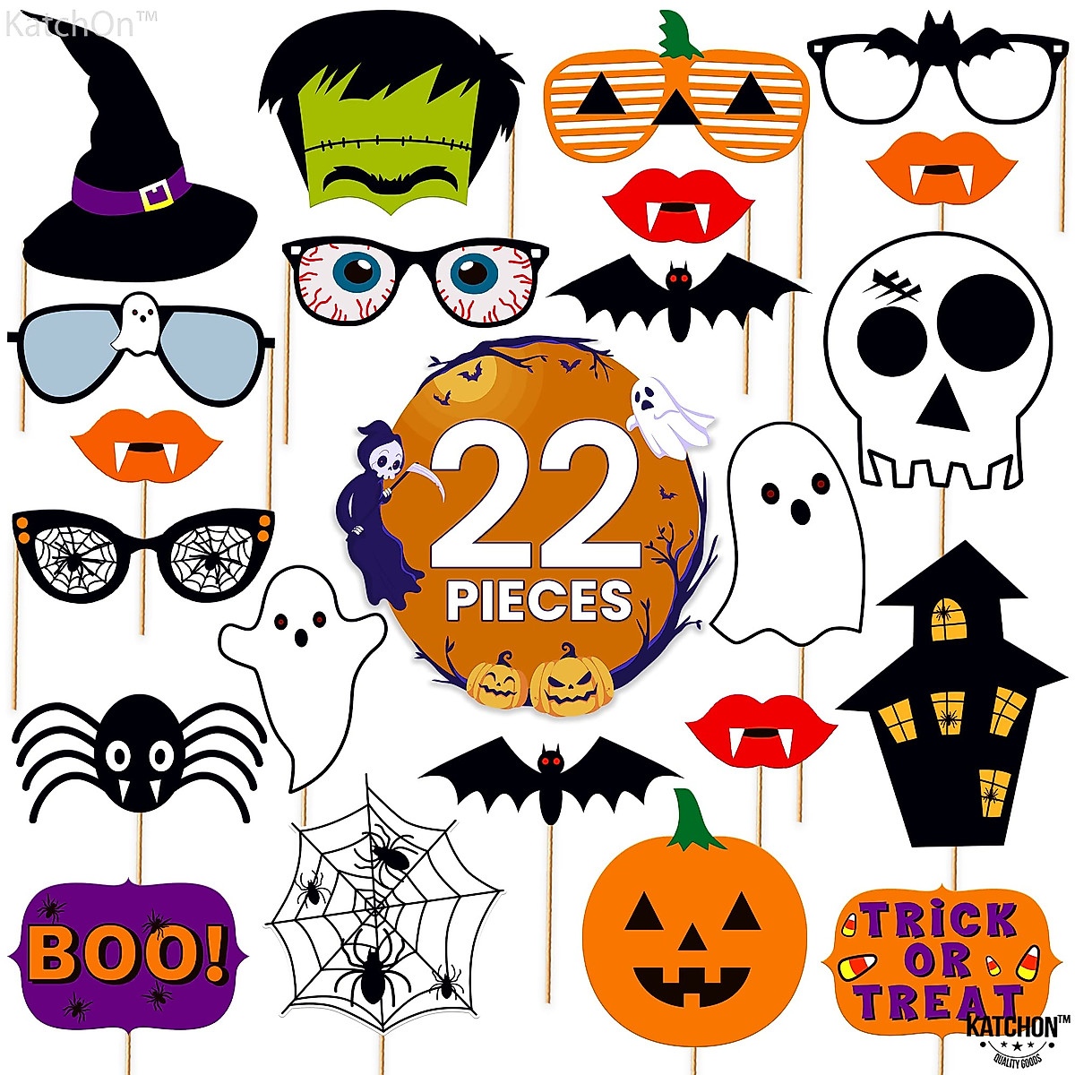 KatchOn, Scary Halloween Photo Booth Props - Large, Pack of 22 | Hocus Pocus Halloween Photo Props for Photoshoot | Halloween Selfie Props | Halloween Picture Props for Halloween Party Decorations