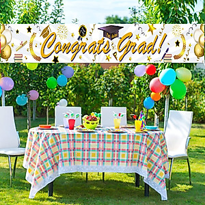 HOWAF Long Congrats Grad Fabric Banner for 2022 Graduation Party Decoration Gold and White, Graduation Banner Decoration Graduation Commencement Decoration of Table Wall Room Outdoor, with String