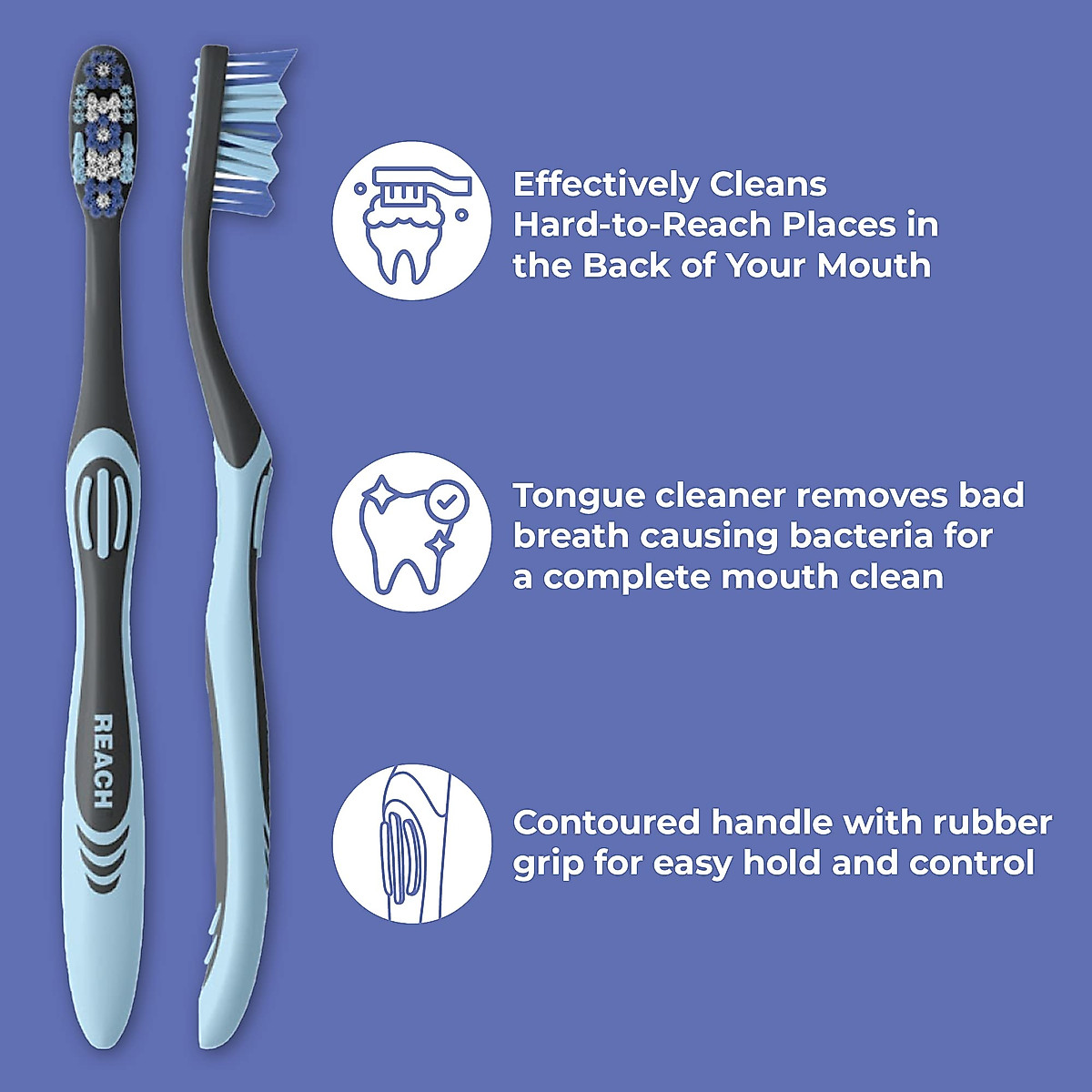 Reach Essentials Toothbrush with Toothbrush Covers, Multi-Angled Medium Bristles, Contoured Handle, Tongue Scraper, 6 Count