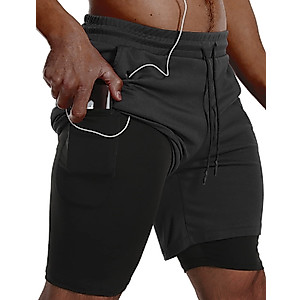 JWJ Mens 2 in 1 Running Shorts Quick Dry Gym Athletic Workout Clothes with Side Pockets,Black Large