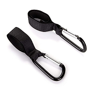 RAYCLOUD Baby Stroller Hooks 4 Pack for Bags Backpacks, Leather Hooks with Carabiners Pram Pushchair Clips D Ring Metal Multipurpose Mommy Hooks Stroller Accessory for Shopping Walking (Dark Black)