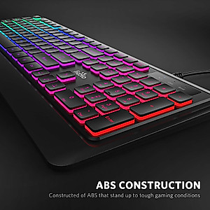 Fiodio Rainbow Membrane Gaming Keyboard, Quiet Wired Computer Keyboard, 104 Silent & 26 Anti-Ghosting Keys, Spill Resistant, Multimedia Control for PC and Desktop