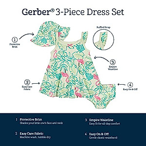 Gerber Baby Girls' 3-Piece Sundress, Diaper Cover and Hat Set, Flamingo