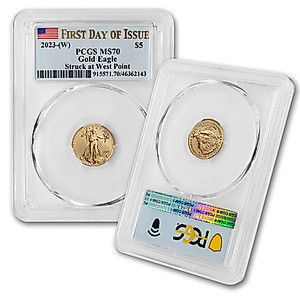 2023 (W) 1/10 oz American Eagle Gold Bullion Coin MS-70 (First Day of Issue - Struck at West Point - Flag Label) 22K $5 PCGS MS70