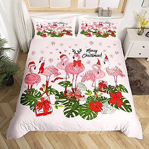 Merry Christmas Bedding Set Queen Size,Pink Flamingo Cartoon Bird Animal Duvet Cover Set for Children Adult,Winter Snowflake Green Leaves Soft Comforter Cover for Dorm Room, Zipper, Ties